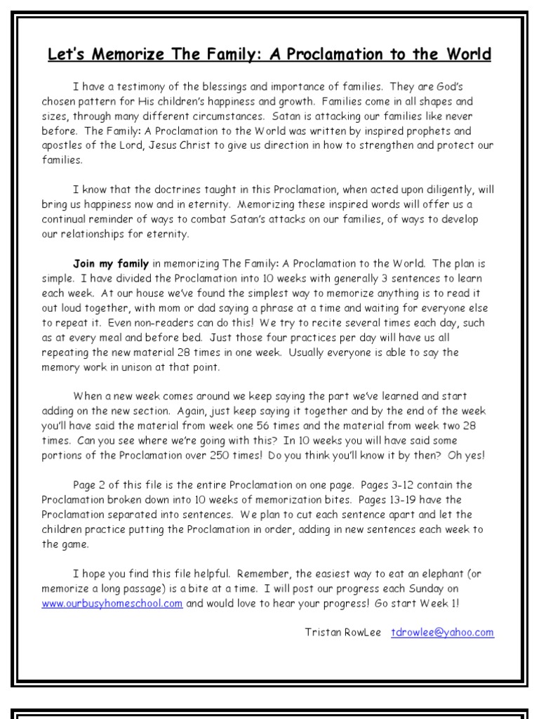 Memorize The Family Proclamation | PDF | Wife | Marriage
