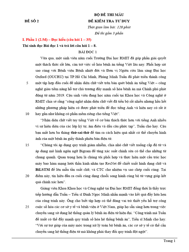 Đề Kiểm Tra Tư Duy ĐHBK Hà Nội Năm 2021-2022 - ĐỀ 2 (Bản Word Kèm Giải) | PDF