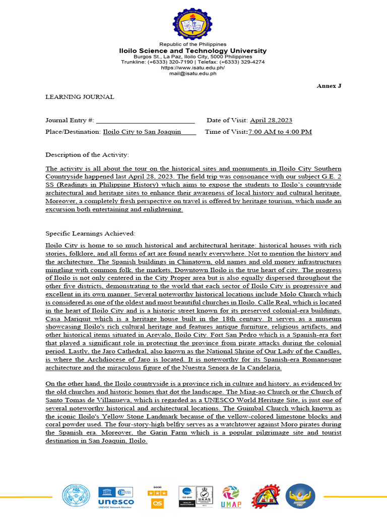TORMON Annex J Learning Journal Field Trip 2023 Final 1 | PDF | Social ...