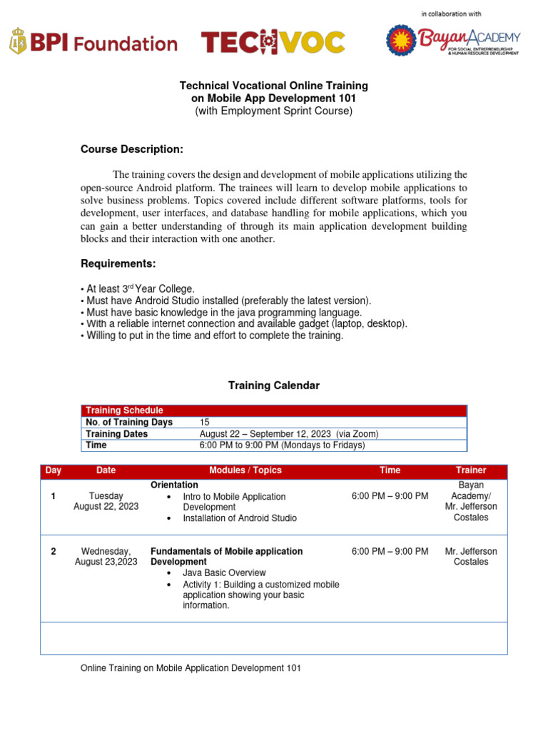 MobApp Training Calendar | PDF | Mobile App | Application Software