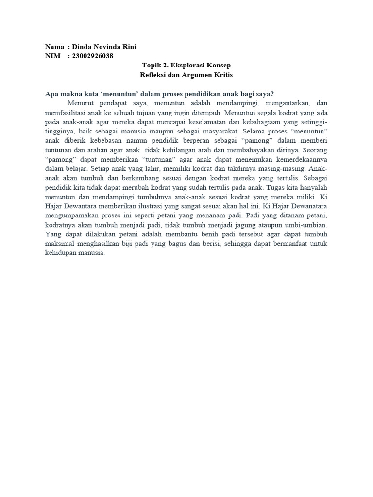 Dinda Novinda Rini - Filosofi - Topik2 - E - Refleksi Dan Argumen Kritis1 | PDF