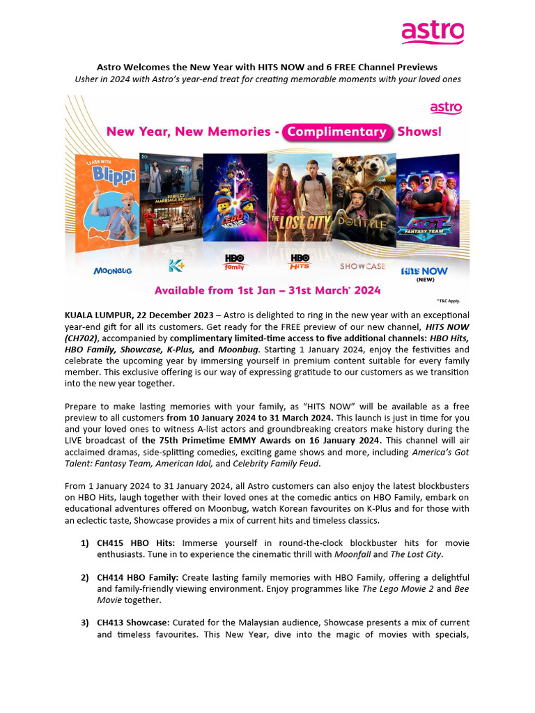 ENG PR Astro Welcomes The New Year With HITS NOW and 6 FREE Channel Previews | PDF | Hbos ...