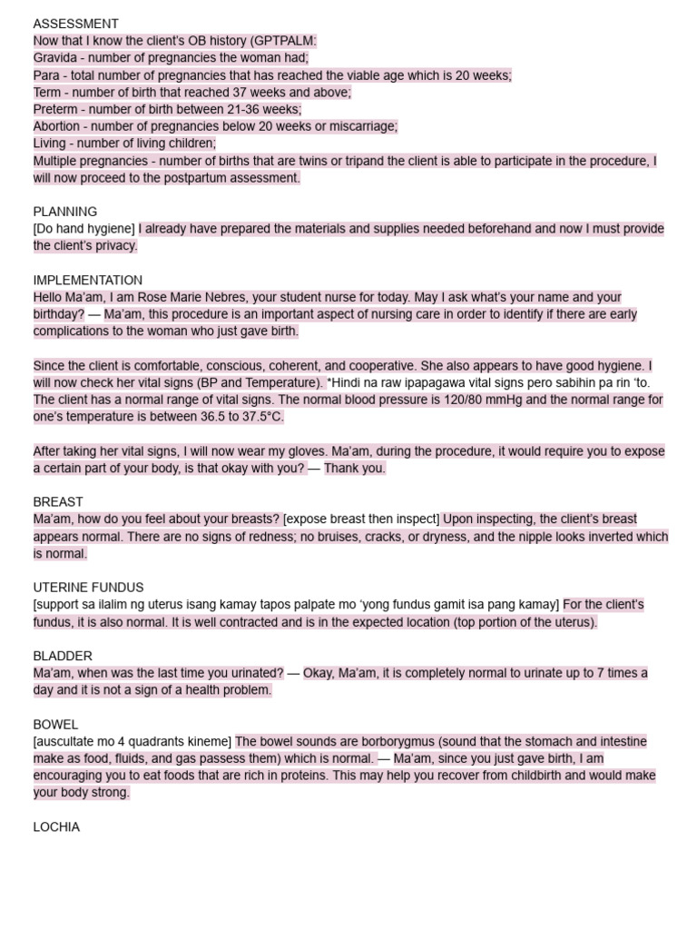 Pospartum Assessment Retdem | PDF | Pregnancy | Childbirth