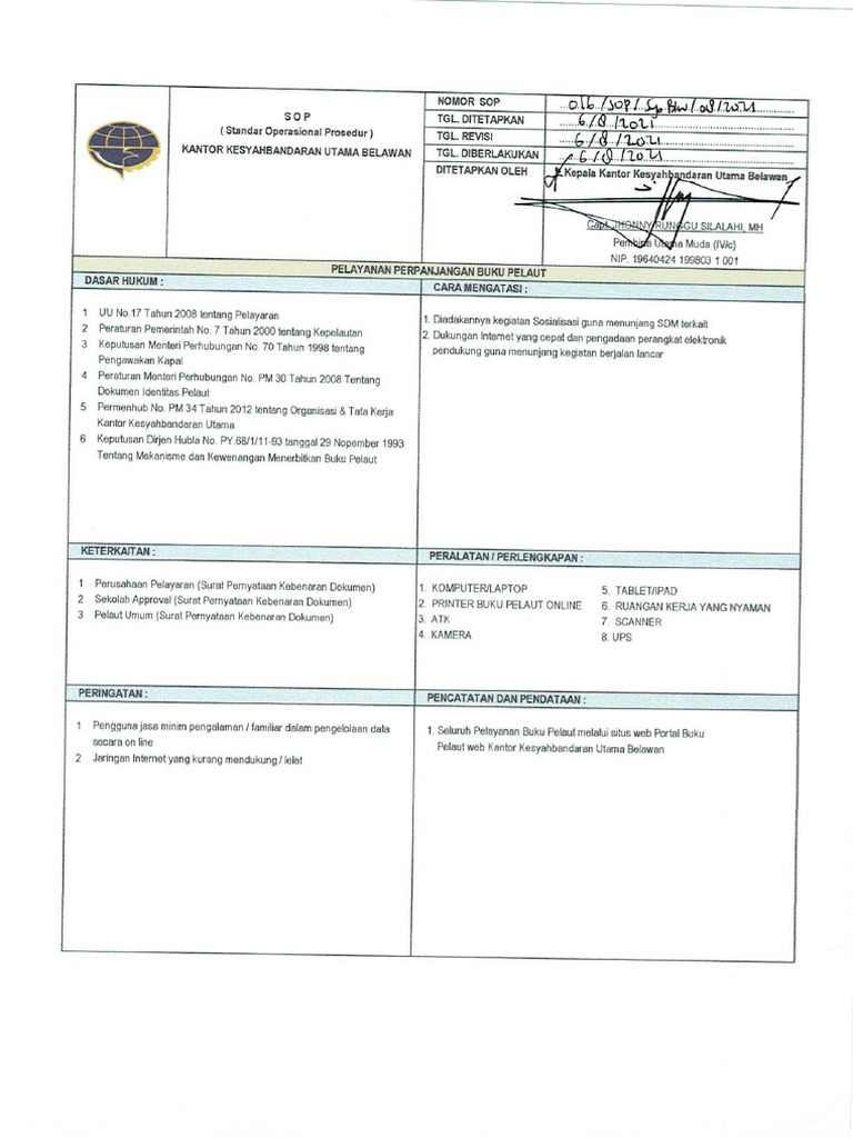 Sop Revisi Pelayanan Perpanjangan Buku Pelaut | PDF