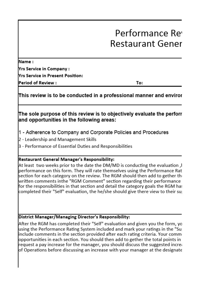 Performance Review Form Restaurant General Manager | PDF