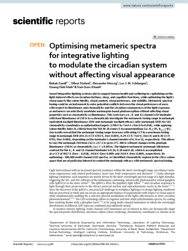 Optimising Metameric Spectra For Integrative Lighting To Modulate The ...