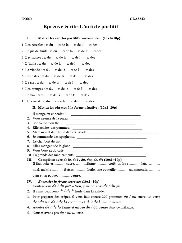 Epreuve Ecrite Partitifs | PDF