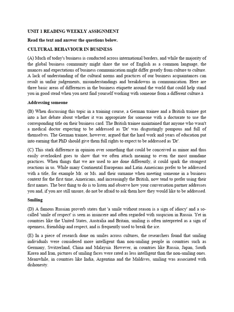 Unit 1 Reading Weekly Assignment | PDF | Smile | Behavioural Sciences