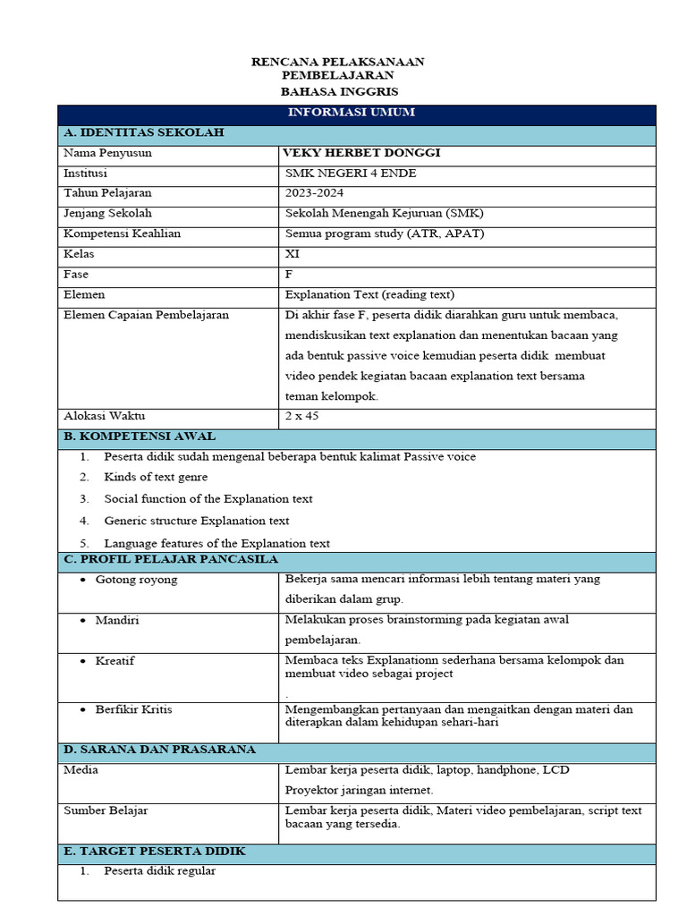 RPP Bahasa Inggris SMK: Explanation Text | PDF | Seni & Disiplin Bahasa