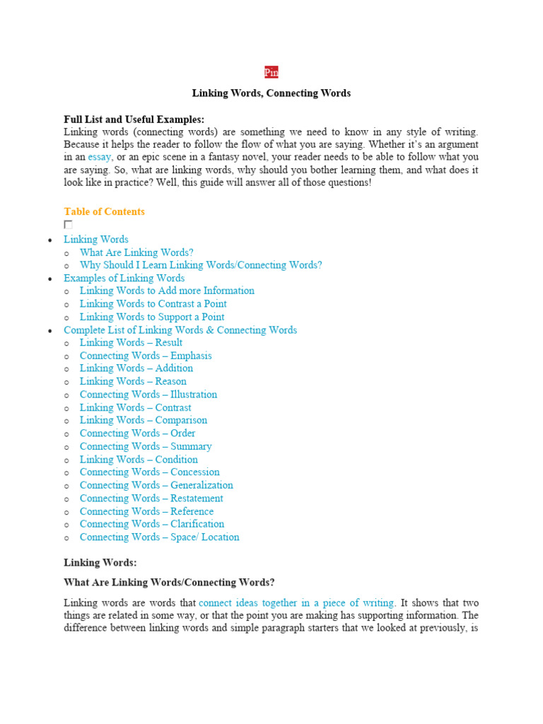 Connection and Linking Words | PDF | Reason | Word