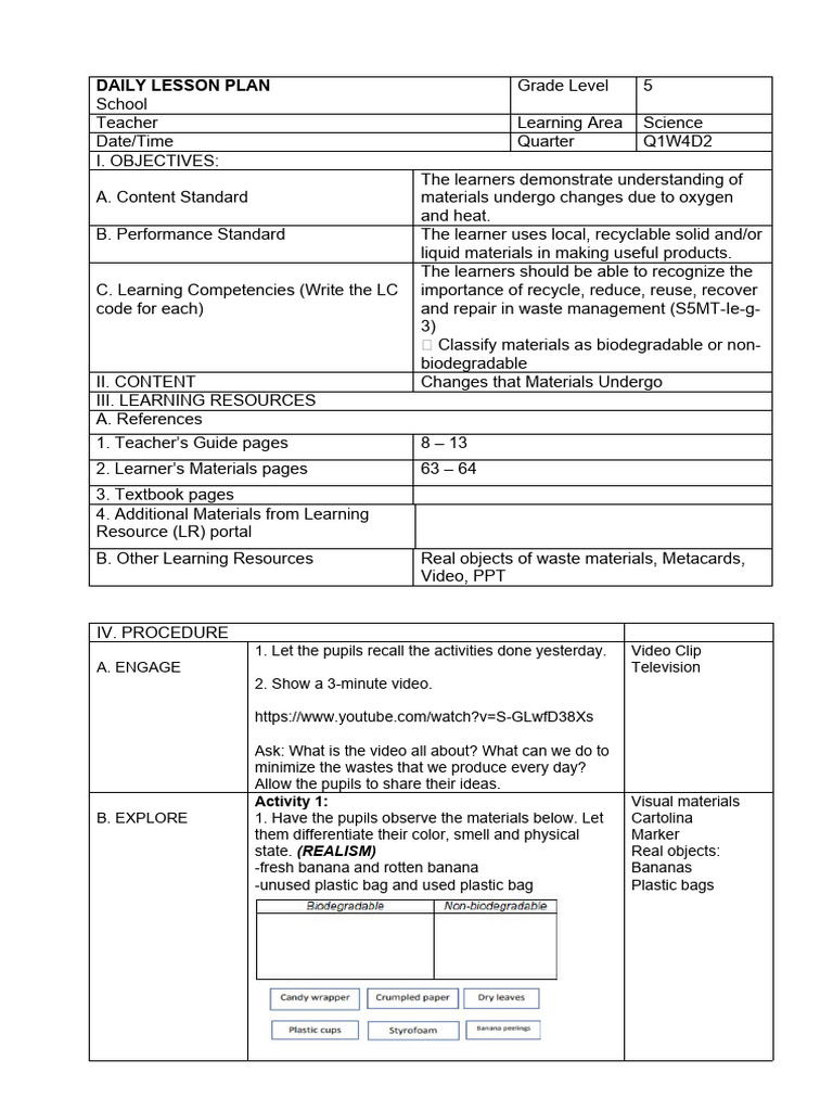 DLP For COT Science 5 1ST Q1 | PDF | Learning | Biodegradation