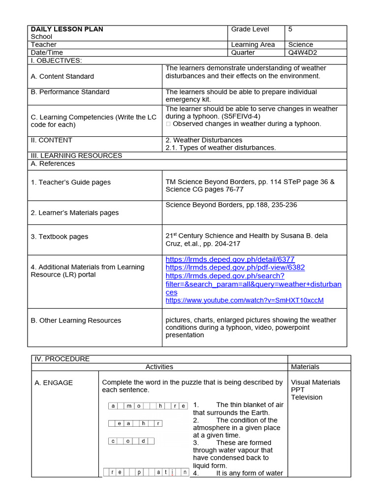 Grade 5 Science: Weather Disturbances Lesson Plan | PDF | Tornadoes ...