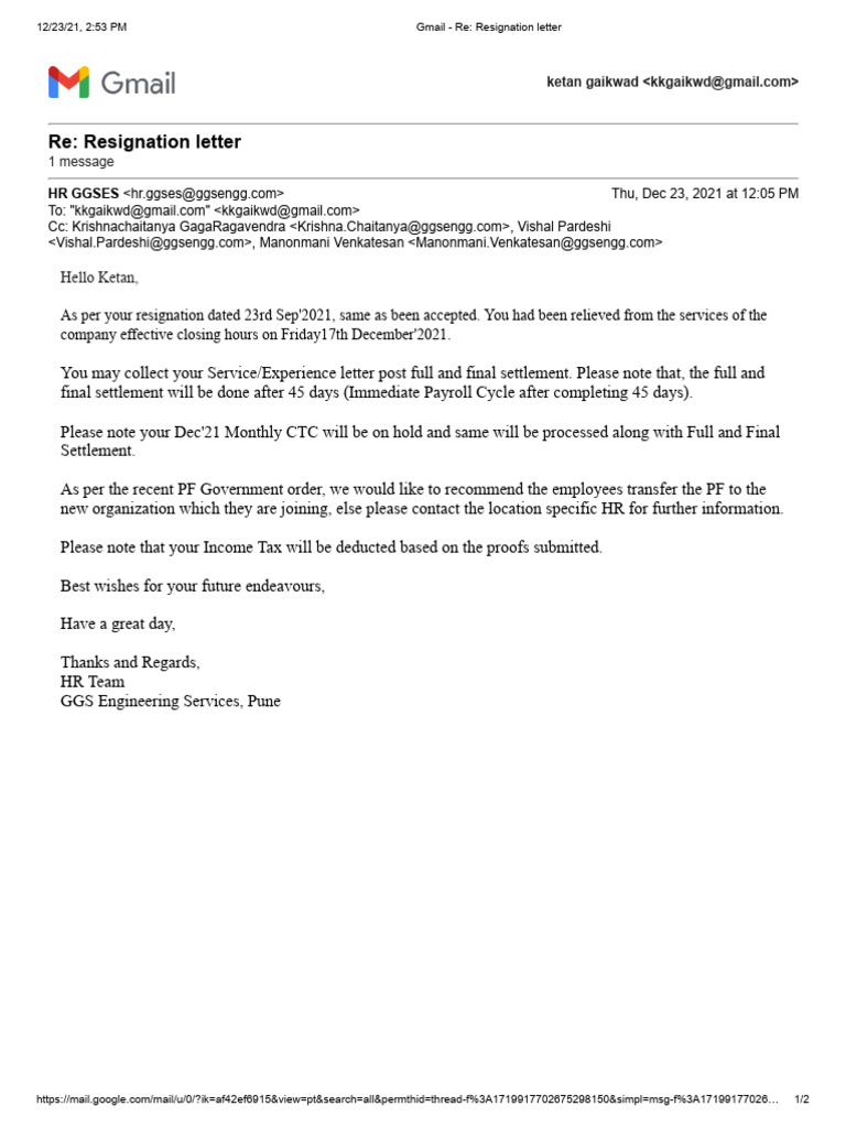 Gmail-Relieving Letter | PDF