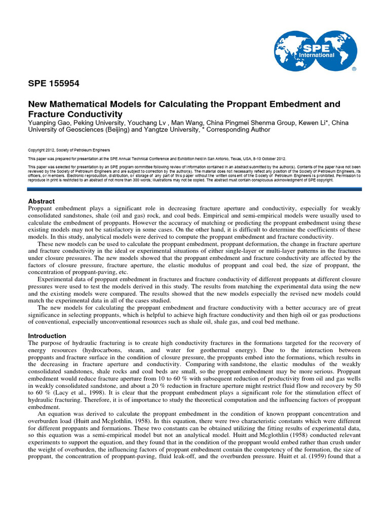 SPE 155954 New Mathematical Models For Calculating The Proppant Embedment and Fracture ...