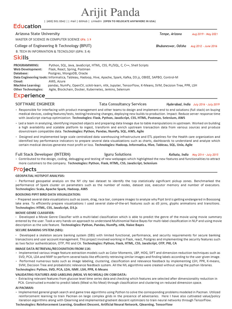 Resume Arijit.pdf | PDF | Apache Spark | Information Science