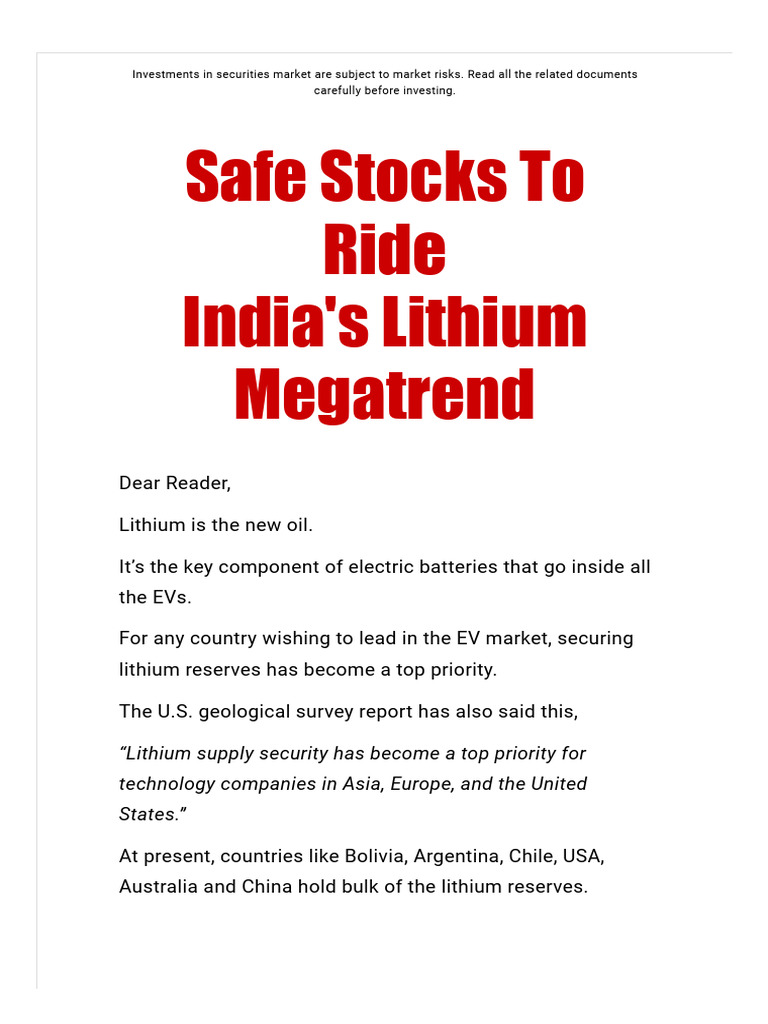 Safe Stocks To Ride India's Lithium Megatrend | Download Free PDF | Electric Vehicle | Lithium ...