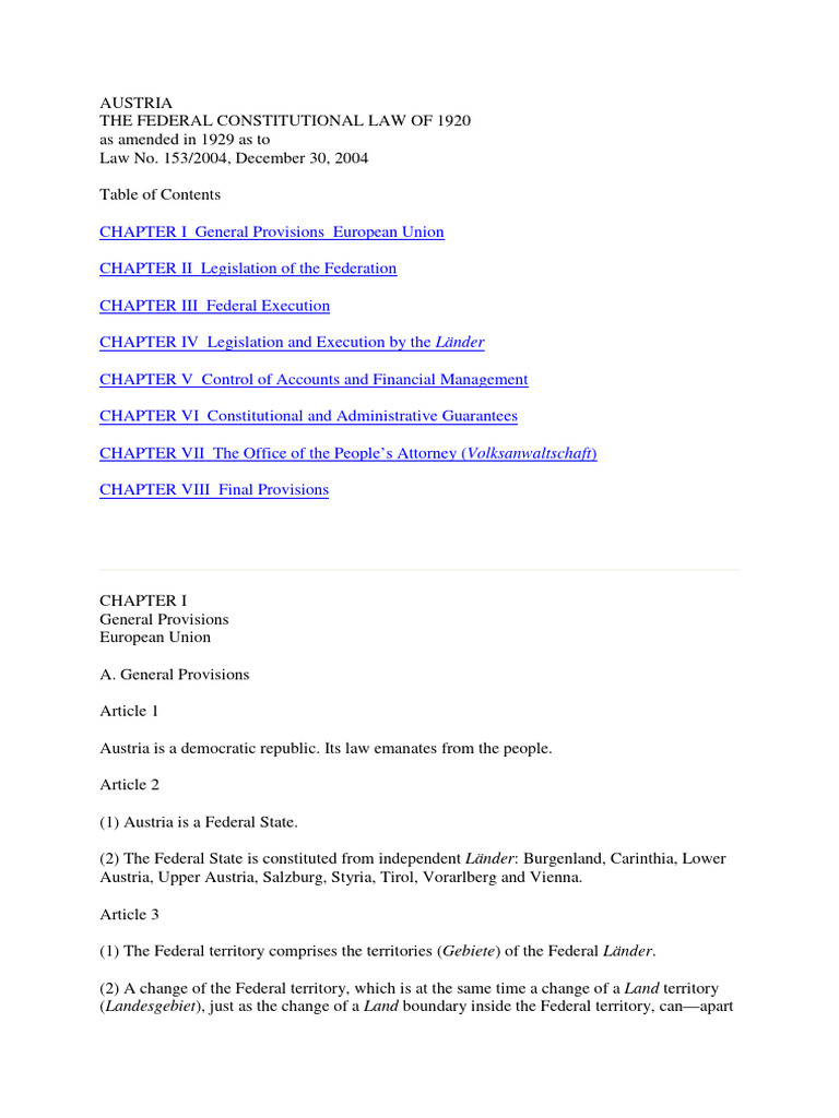 Austria - FULL - Constitution | PDF | Federation | Treaty