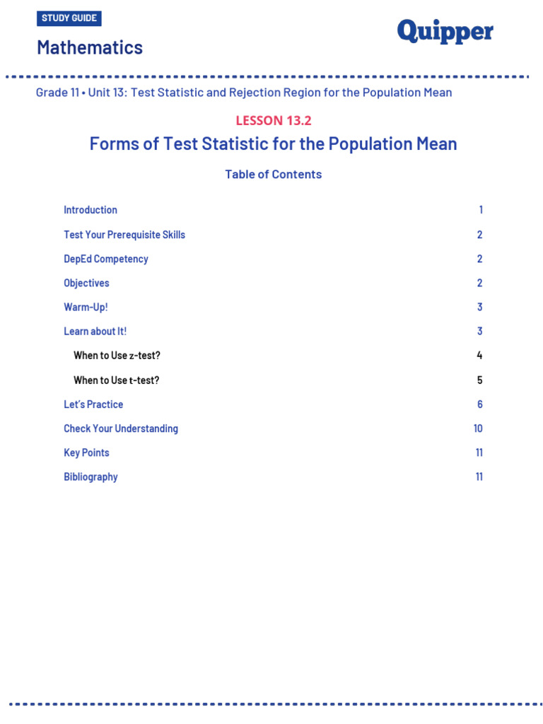 Forms of Test Statistic For The Population Mean: Mathematics | PDF