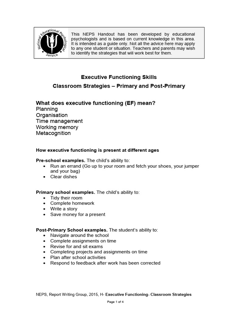 Executive Functioning Strategies for Classrooms | PDF | Executive ...