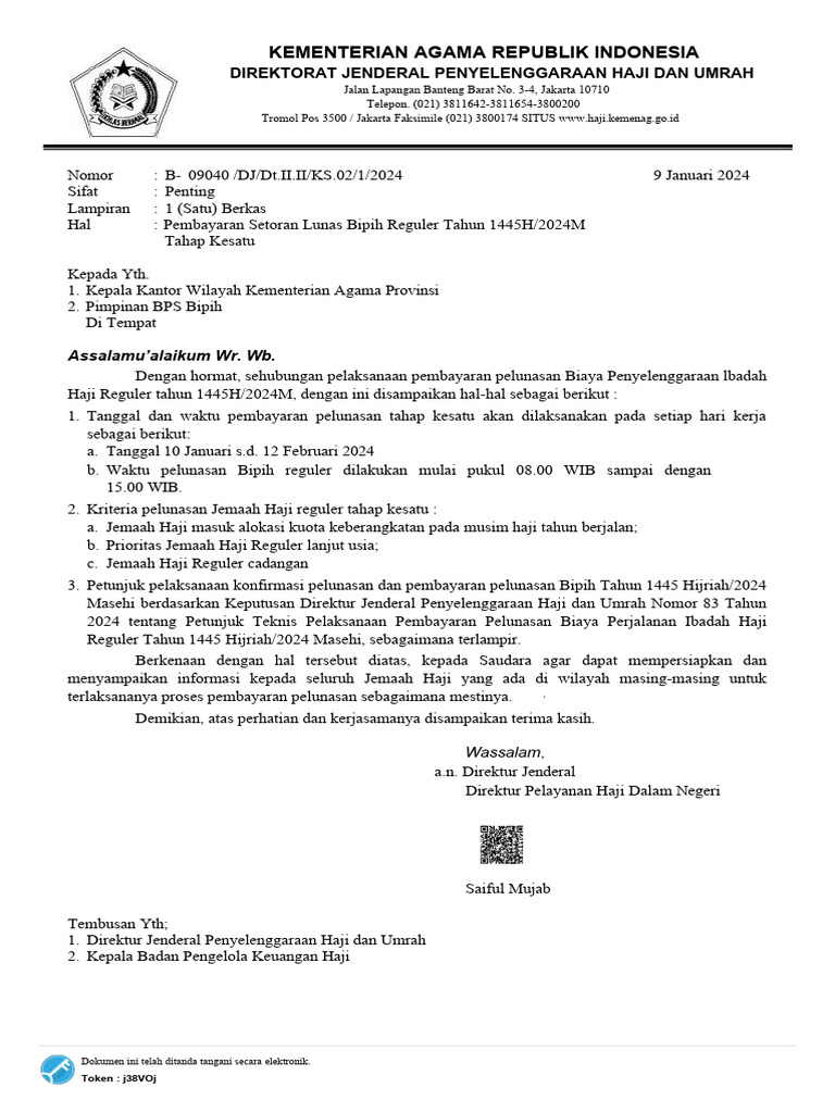 Penyampaian Kepdirjen Tentang Pelunasan Haji Reguler Tahun 1445 H | PDF