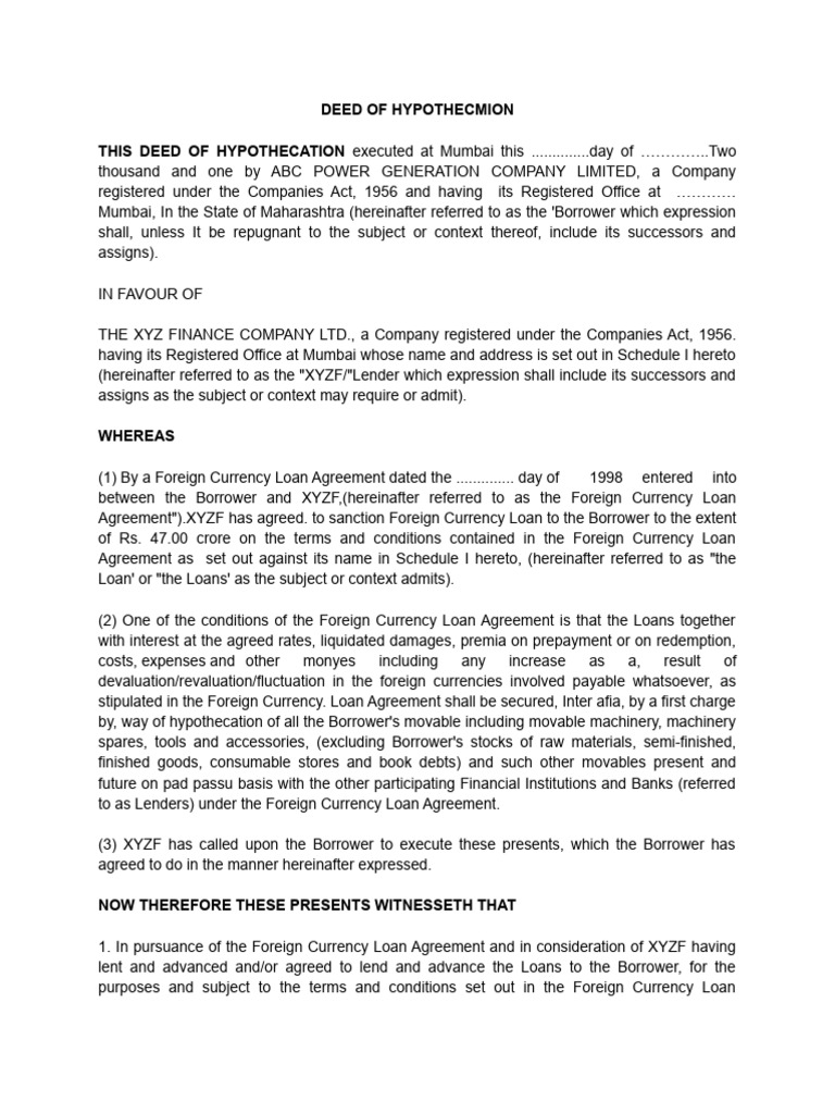 Deed of Hypothecation Agreement | PDF | Loans | Debt
