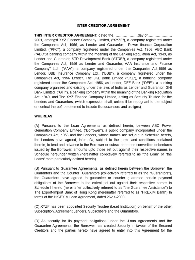 Inter Creditor Agreement Overview | PDF | Loans | Guarantee