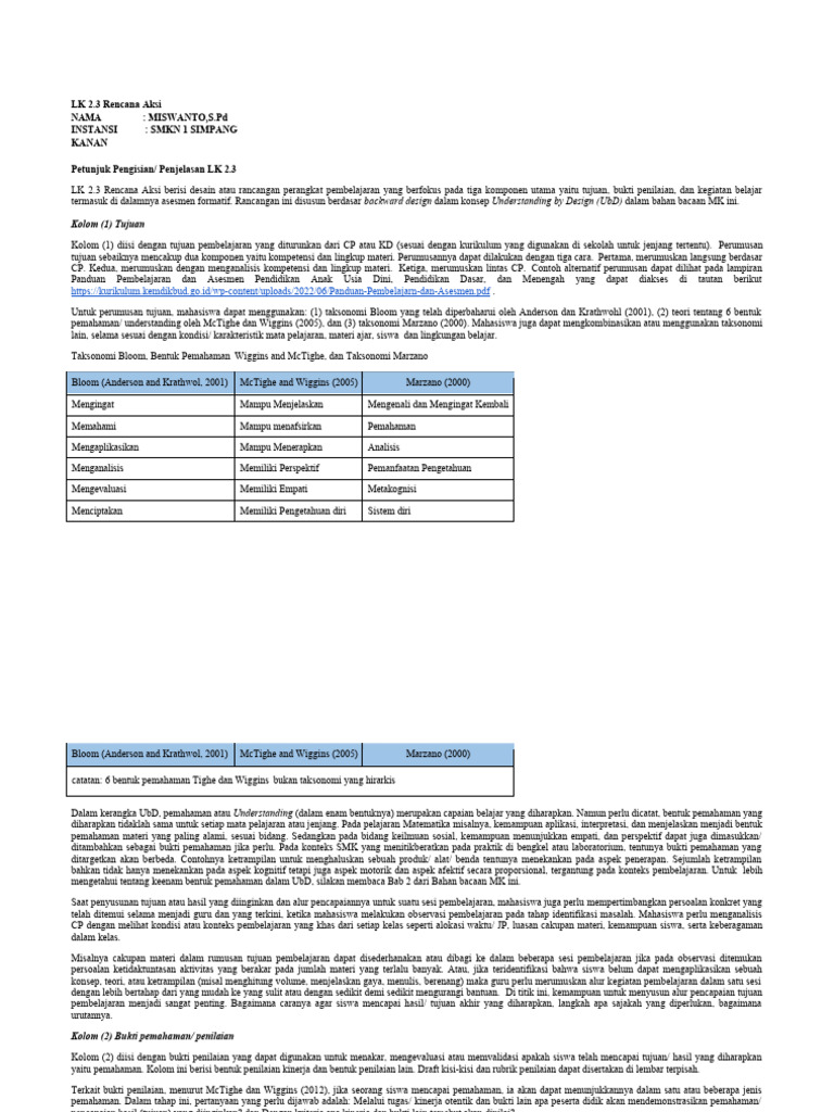 Miswanto - Matematika - Lk.2.3 Rencana Aksi SIKLUS 2 | PDF | Seni
