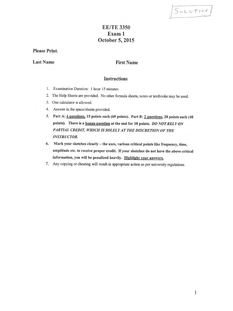 3350 Fall 15 Exam 1 Solution | PDF
