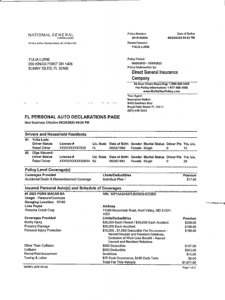 Lurie - National General - FL Personal Auto Declaration Page | PDF