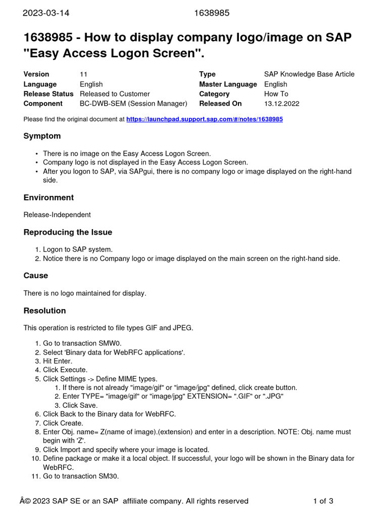 OSS Note 1638985 | PDF | File Format | Login