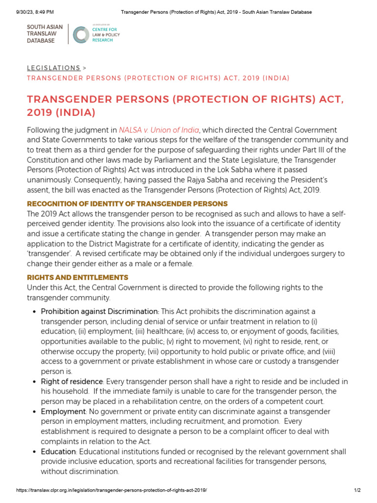 Transgender Persons (Protection of Rights) Act, 2019 - South Asian ...