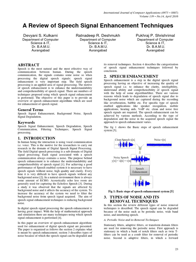 A Review of Speech Signal Enhancement Techniques | PDF | Spectral Density | Filter (Signal ...