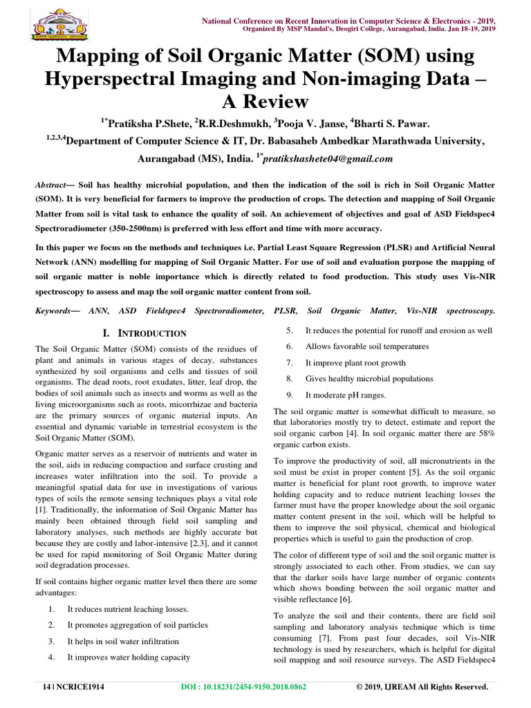 Mapping of Soil Organic Matter (SOM) using Hyperspectral Imaging and Non-imaging Data – A Review ...