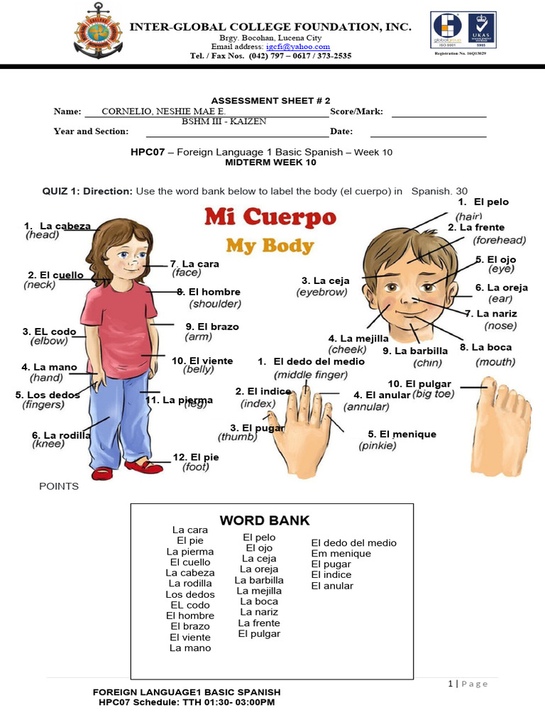 Cornelio, Neshie Mae E. - Smquiz # 2 - Parts of The Body | PDF ...