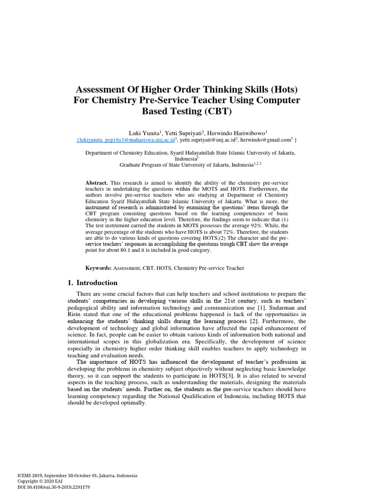 Assessment of Higher Order Thinking Skills (Hots) For Chemistry Pre-Service Teacher Using ...