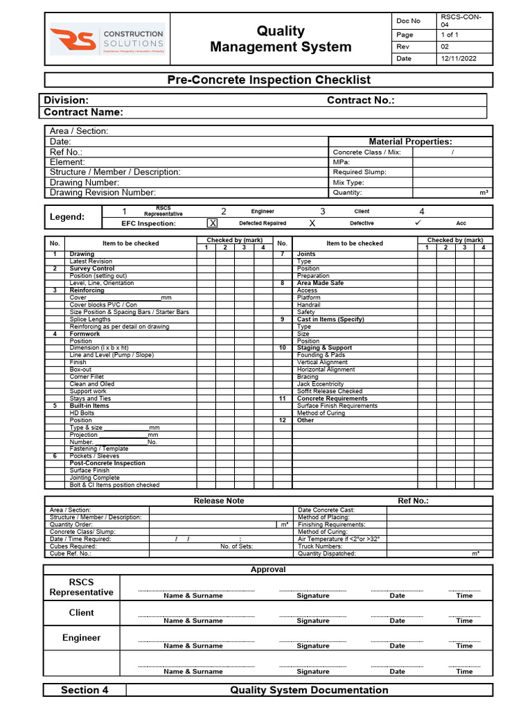 RSCS-CON-04 Pre-Concrete Inspection Rev 02 | PDF | Concrete | Materials