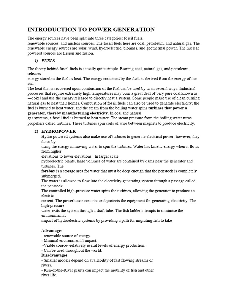 INTRODUCTION TO POWER GENERATION | PDF | Fuels | Solar Power
