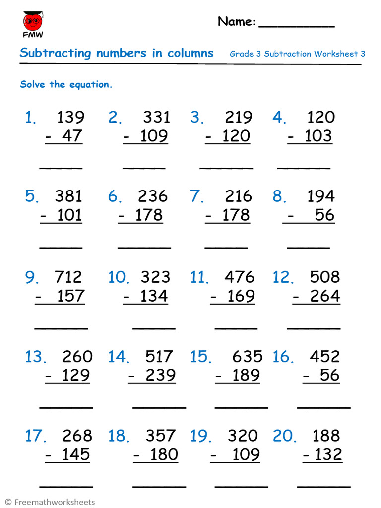 Soustraction pour la 3e année avec réponses | PDF