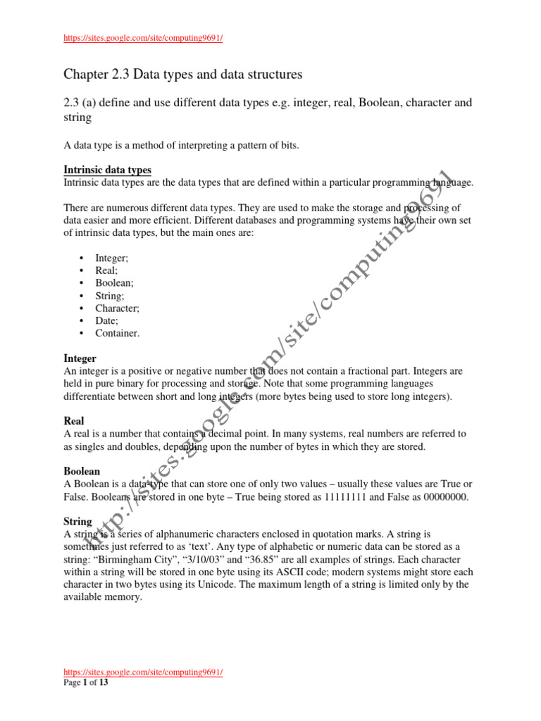 Data Types And Structures Pdf Data Type String Computer Science