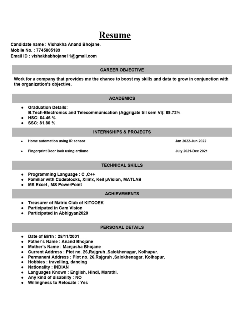 DXC Resume Format (Vishakha) | PDF