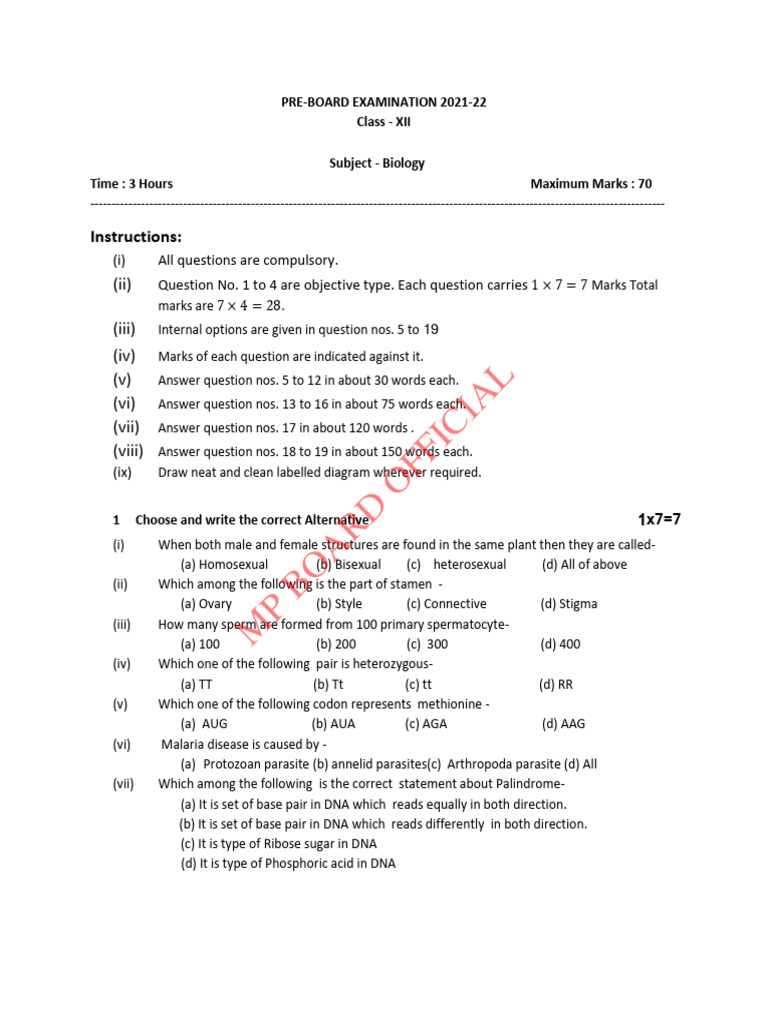 Class XII Biology Pre-Board Exam 2021-22 | PDF | Fertilisation | Dna