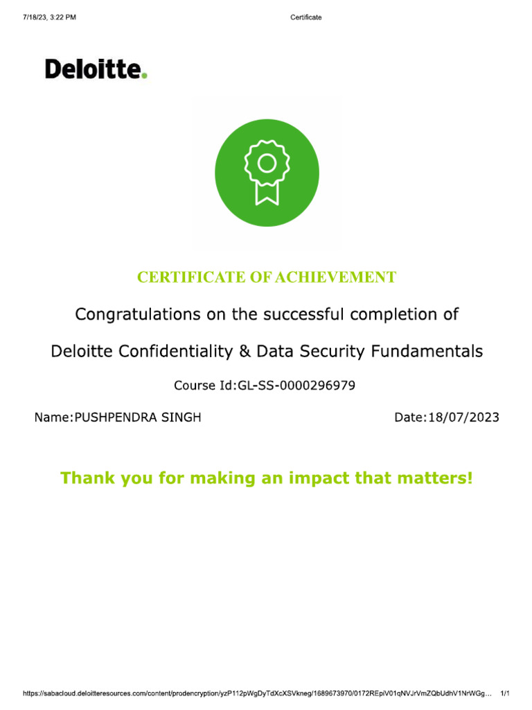Certificate_Deloitte Confidentiality & Data Security Fundamentals | PDF