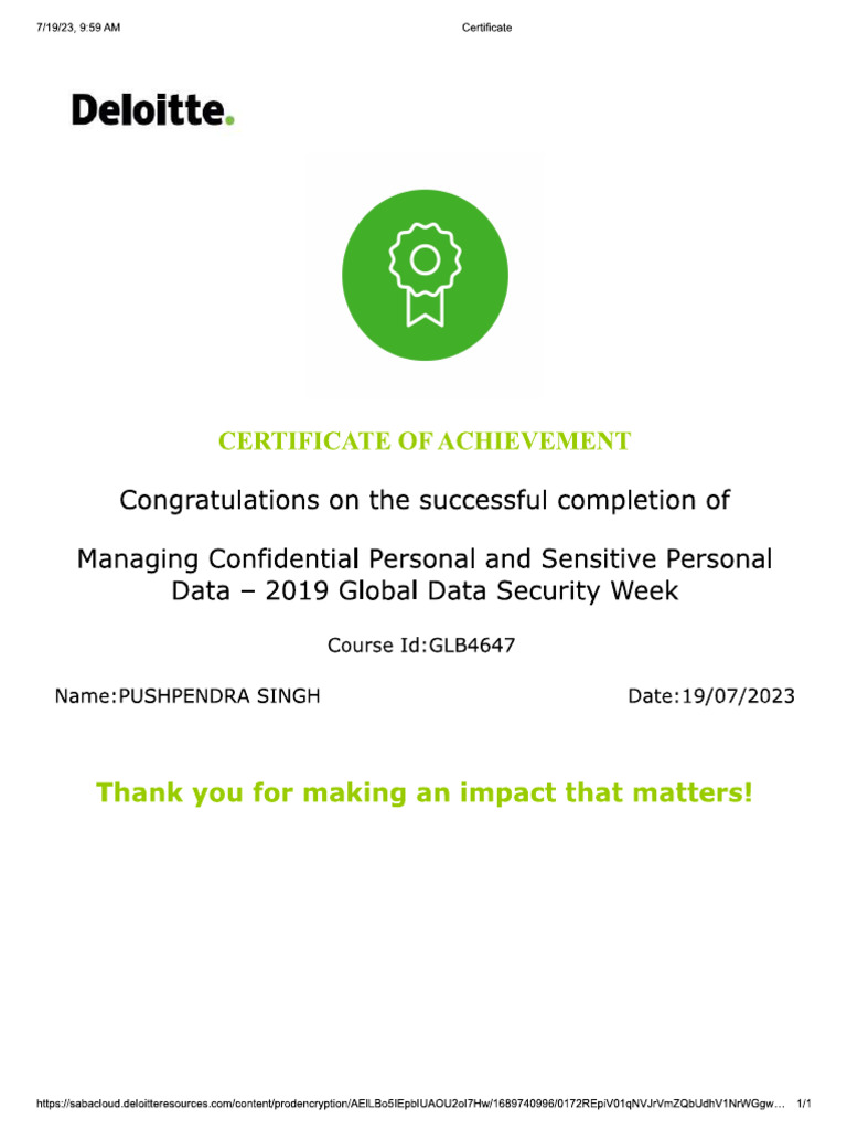 Certificate_Managing Confidential Personal and Sensitive Personal | PDF