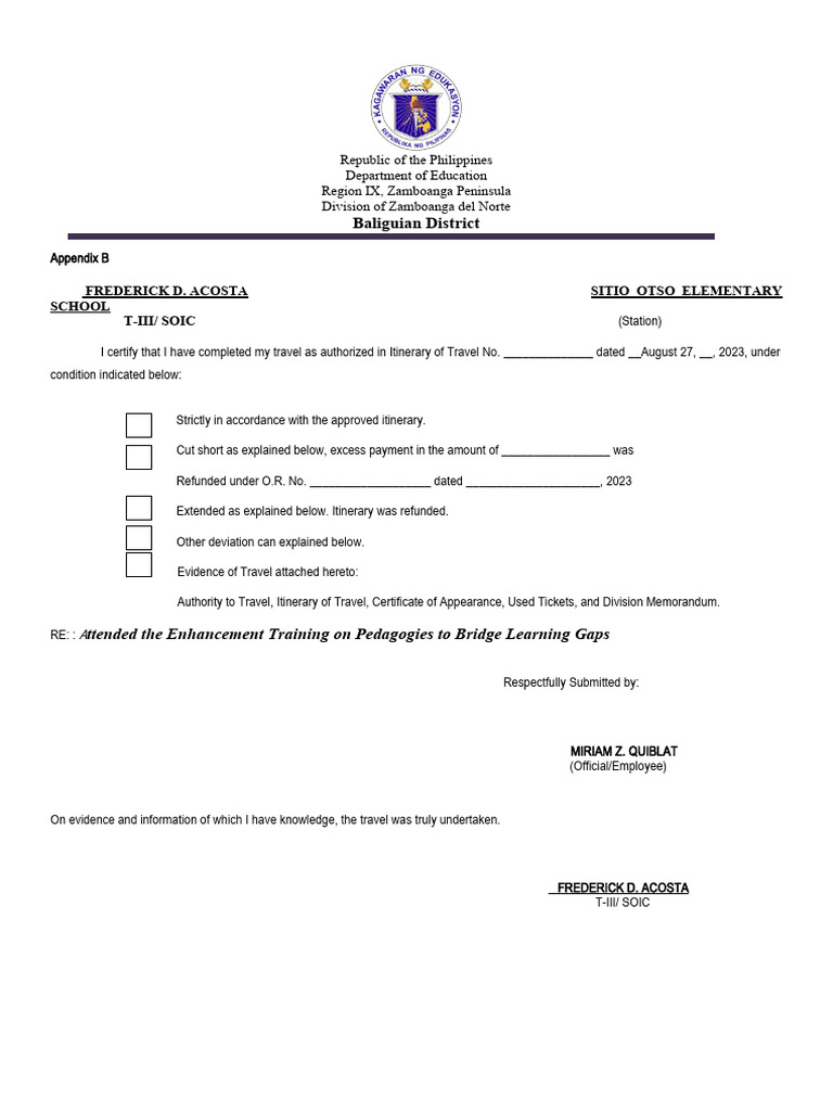 Itinerary of Travel Appendix B | PDF