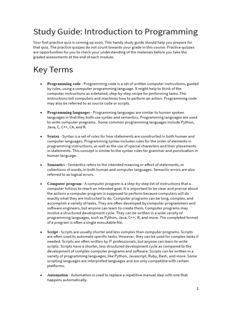 Study Guide - Introduction To Programming | PDF