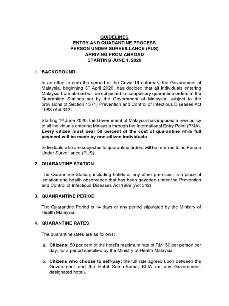 Guidelines For Quarantine Process at Malaysia Beginning 1 June 2020 ...