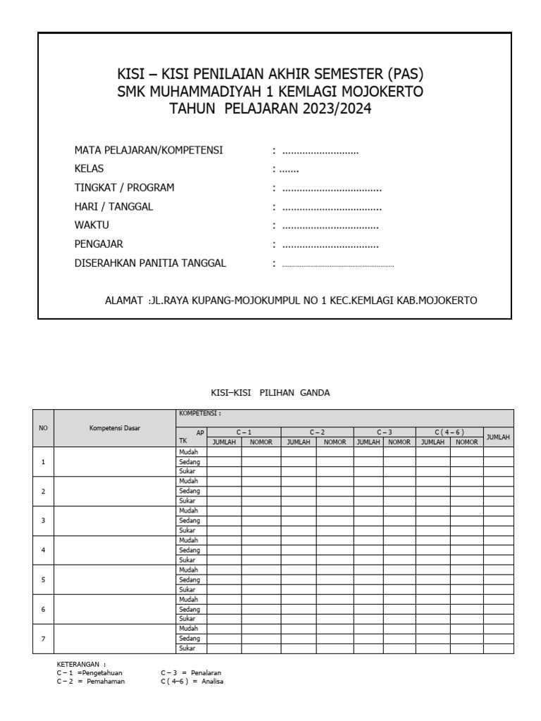 Kisi-Kisi Pas Ganjil 2023 - Mapel - Kelas - Nama Guru | PDF