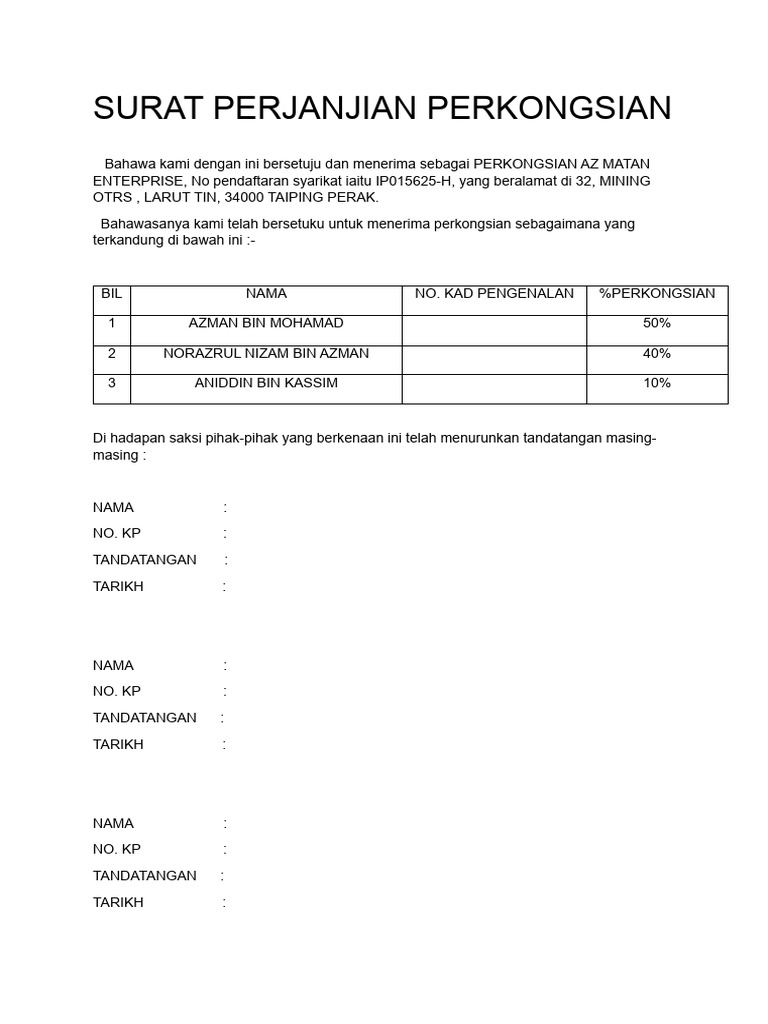SURAT PERJANJIAN PERKONGSIAN | PDF