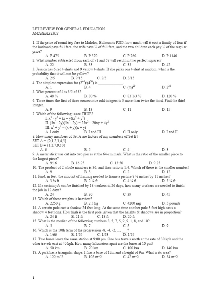 LET REVIEW FOR GENERAL EDUCATION Mathematics | PDF