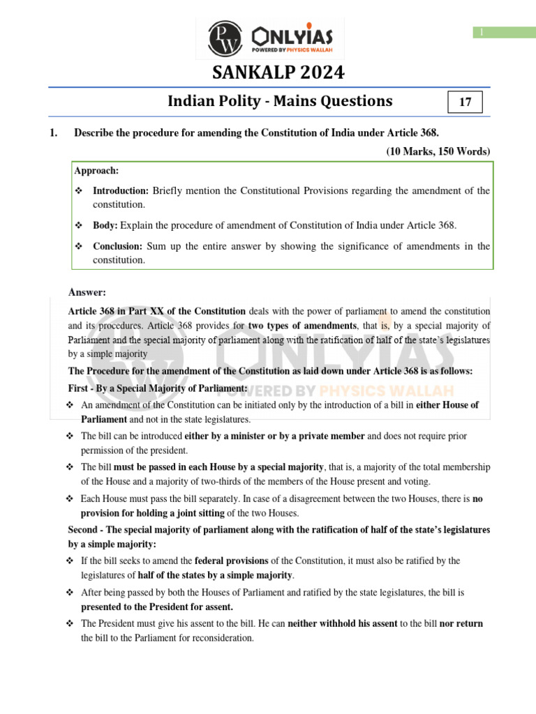 Indian Polity 17 Mains Question (Sankalp (UPSC 2024) ) PDF | PDF ...